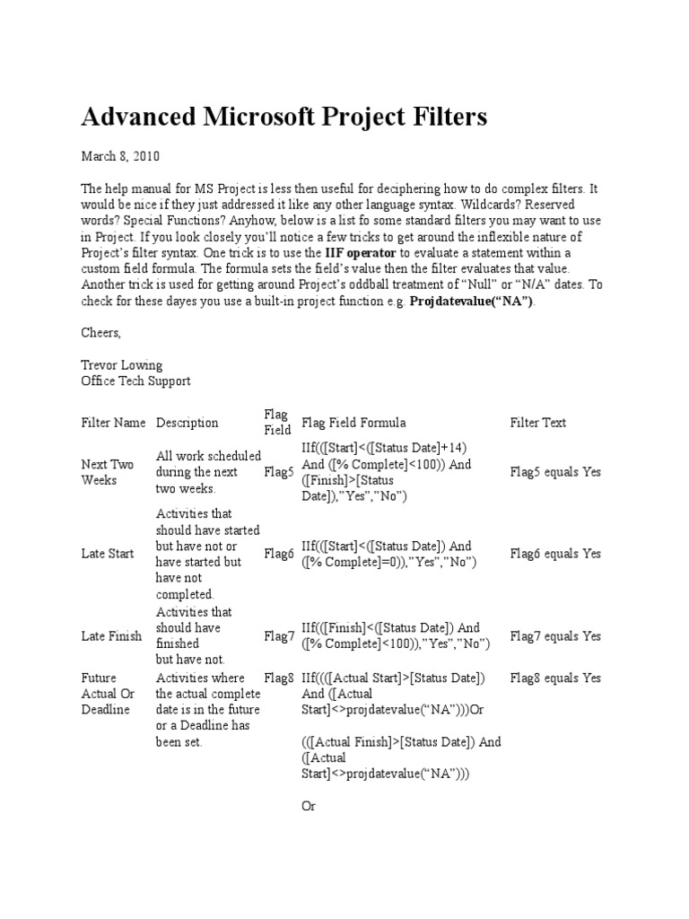 Advanced Microsoft Project Filters | Download Free PDF | Computer ...
