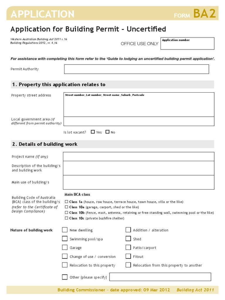 BA2 Application for Building Permit Uncertified 12032012 | Building ...