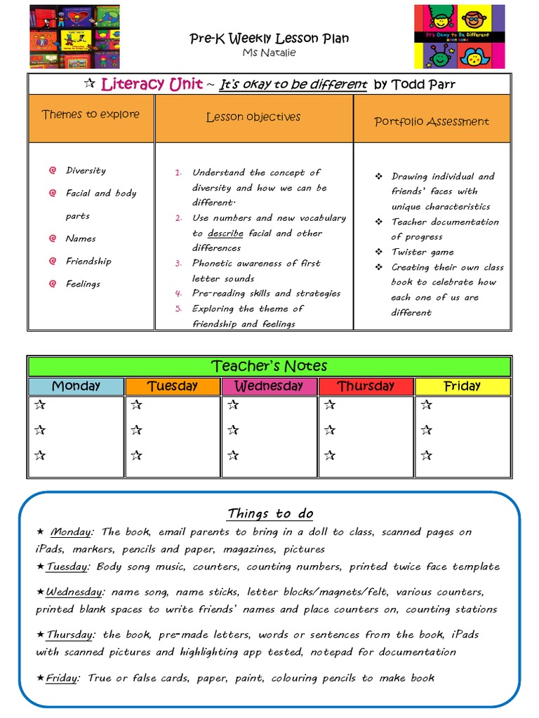 Pre-K Weekly Lesson Plan: Diversity Theme | PDF | Vocabulary | Reading ...