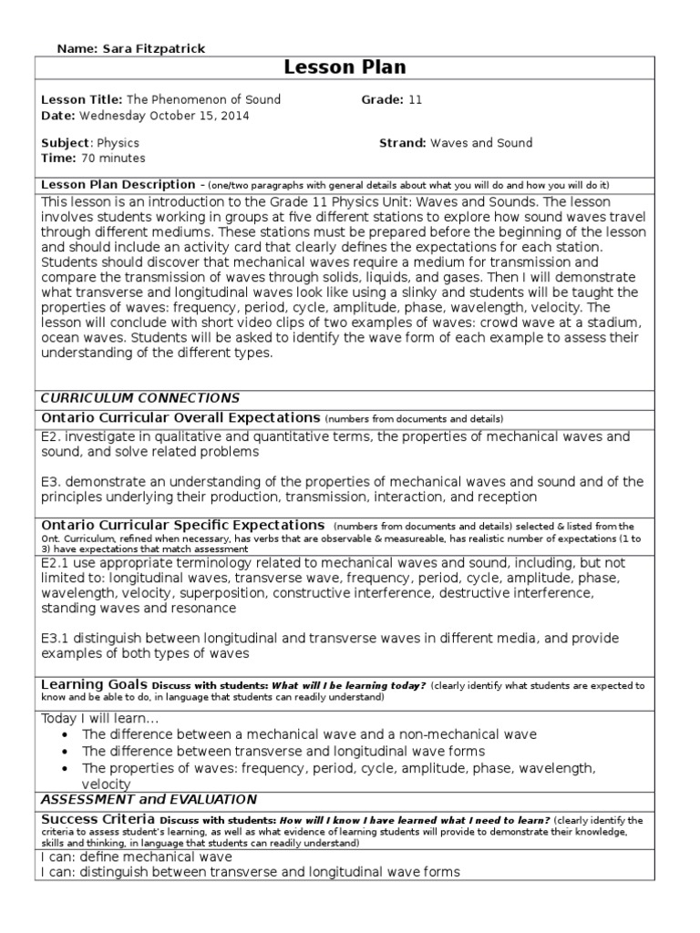 Sound Waves Lesson Plan for Grade 11 | PDF | Waves | Wavelength