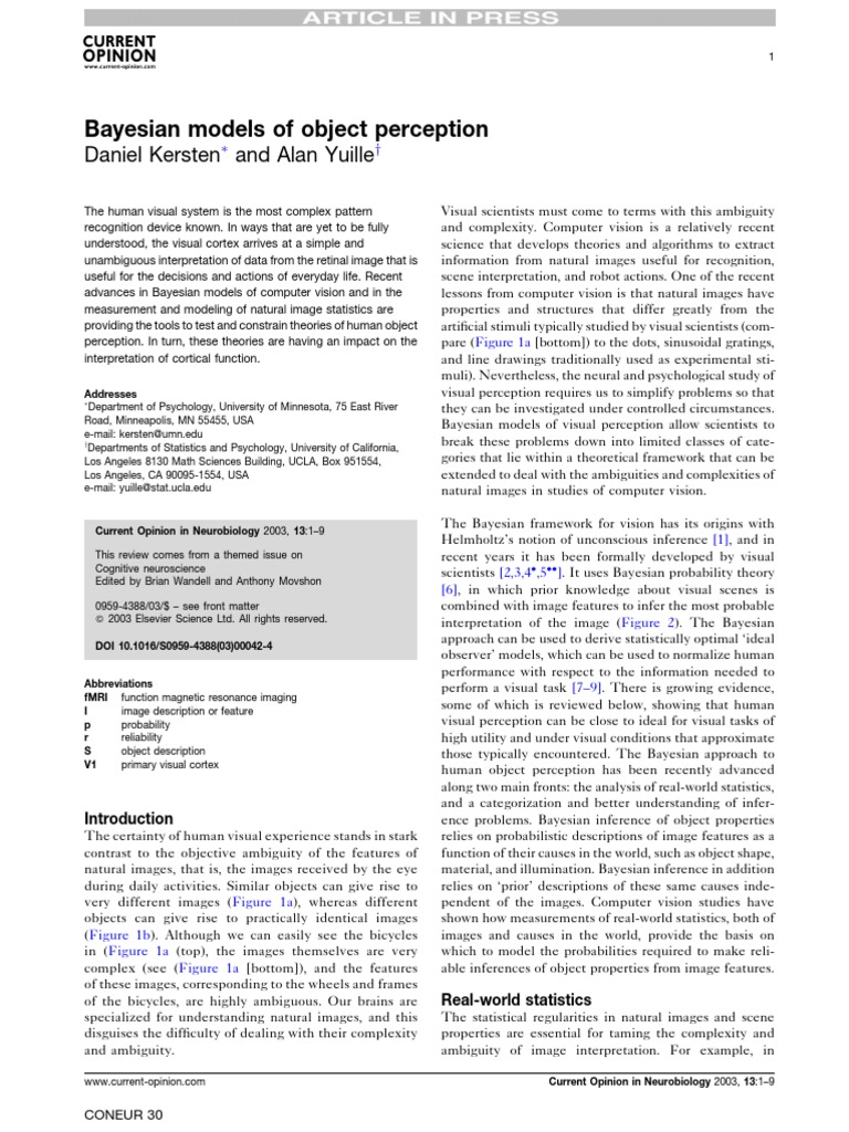 Bayesian Models of Object Perception: Daniel Kersten and Alan Yuille ...