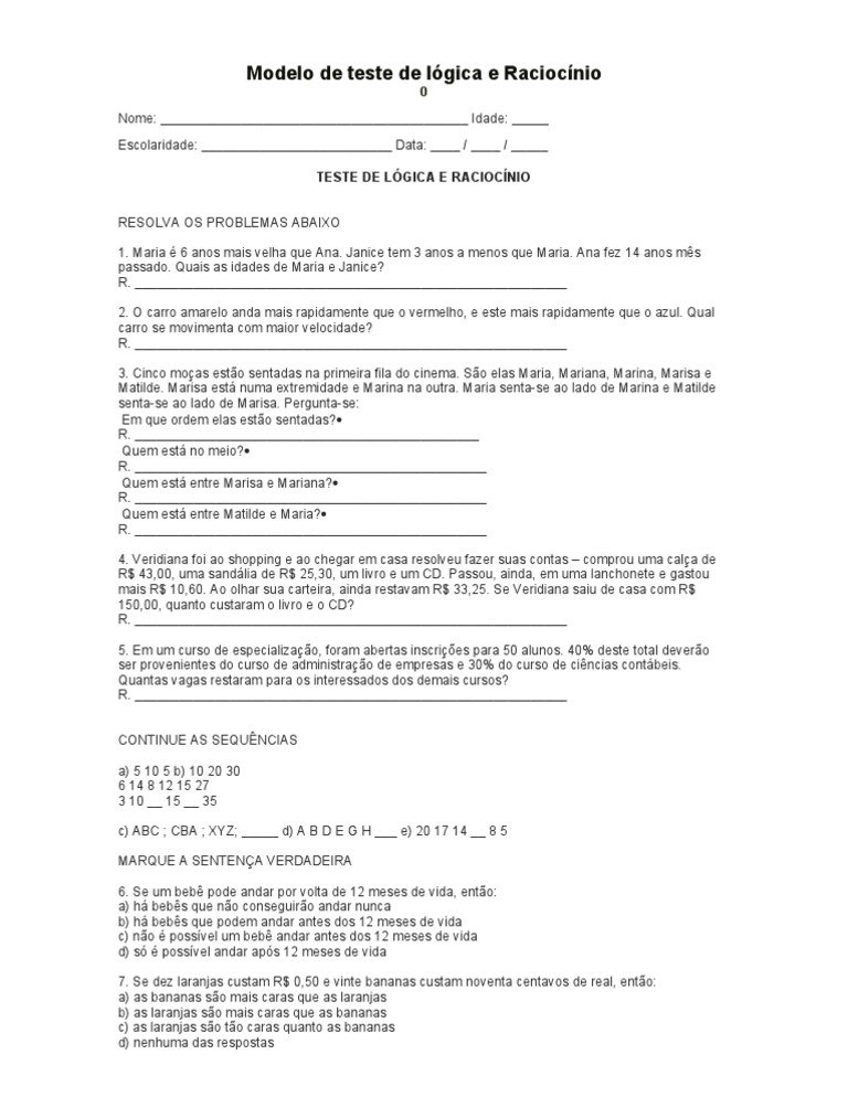 Modelo de Teste de Lógica e Raciocínio | PDF | Lógica