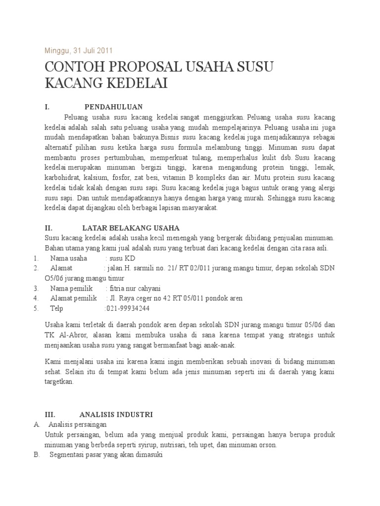 Proposal Usaha Susu Kedelai | PDF