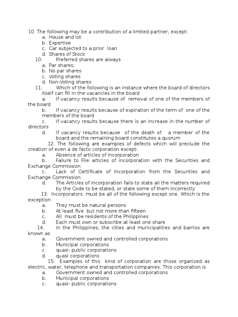 True or False Multiple Choice Partnership and Corporation