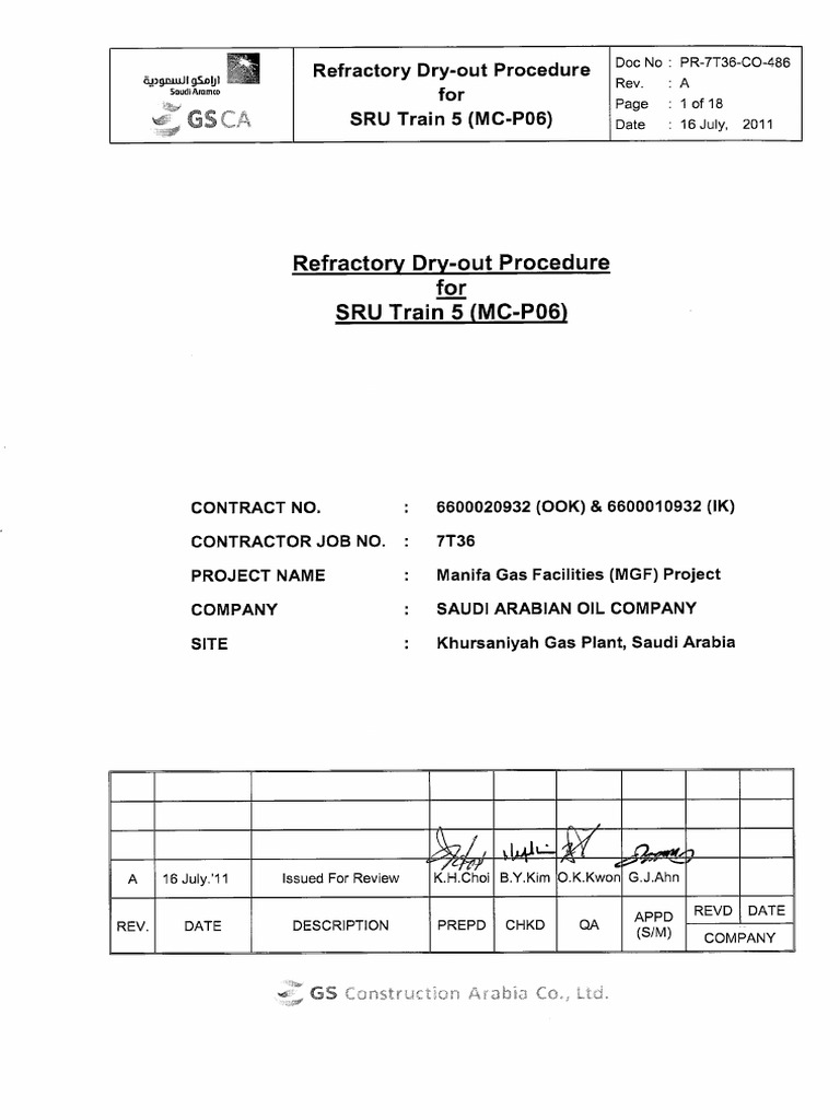 Refractory Dry-Out Procedure For SRU Train 5 (MC-P06) Rev-A | PDF