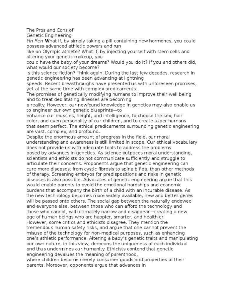 The Pros and Cons of Genetic Engineering | PDF | Genetics | Medicine