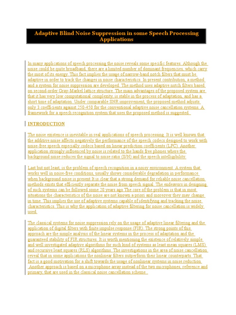 Adaptive Blind Noise Suppression Through Narrowband Notch Filtering and Tracking of Dominant ...