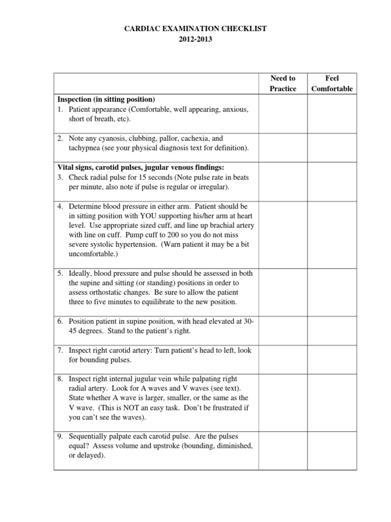 Cardiac Exam Checklist | PDF | Pulse | Cardiology
