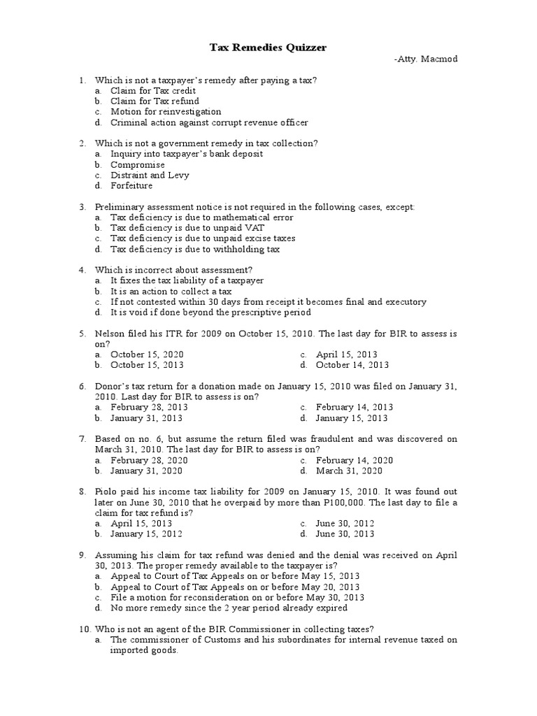 Tax Remedies Quizzer | PDF | Tax Refund | Internal Revenue Service