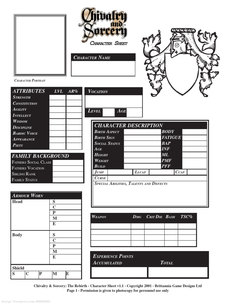 Chivalry & Sorcery 4th Edition Character Sheet (6860936) | PDF