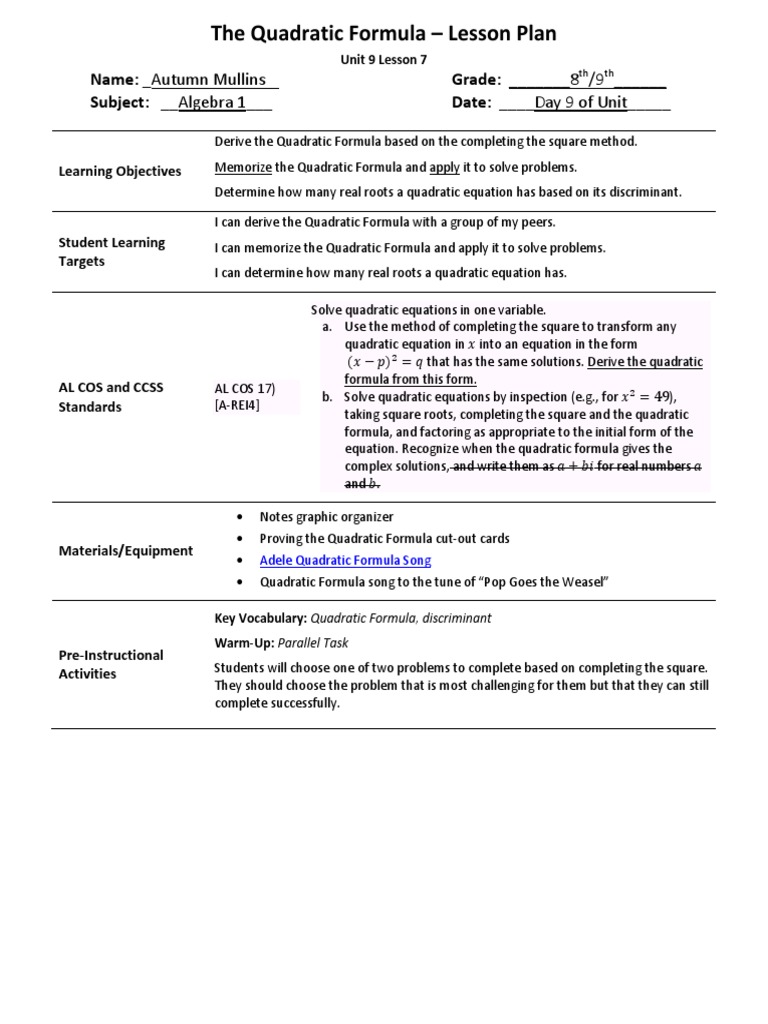 U9l7 - The Quadratic Formula Lesson Plan | PDF | Quadratic Equation ...