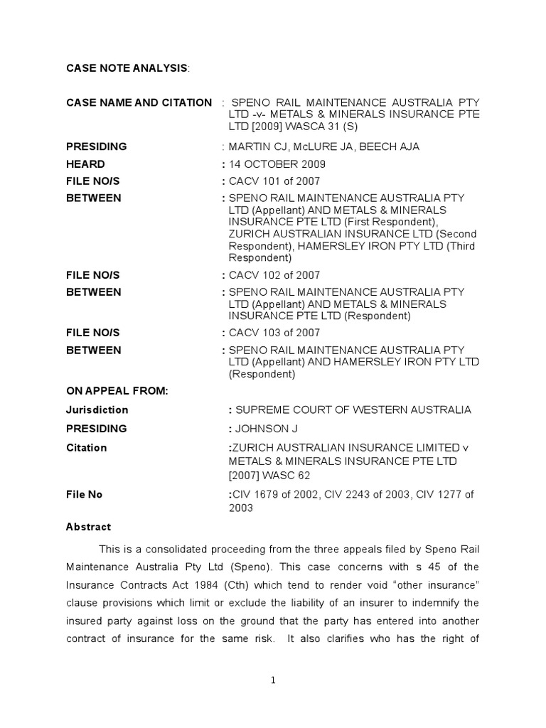Case Note Analysis Speno Final Pdf Subrogation Indemnity