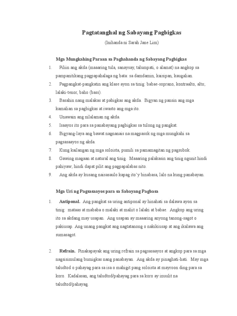 Sabayang Pagbigkas Handouts | PDF