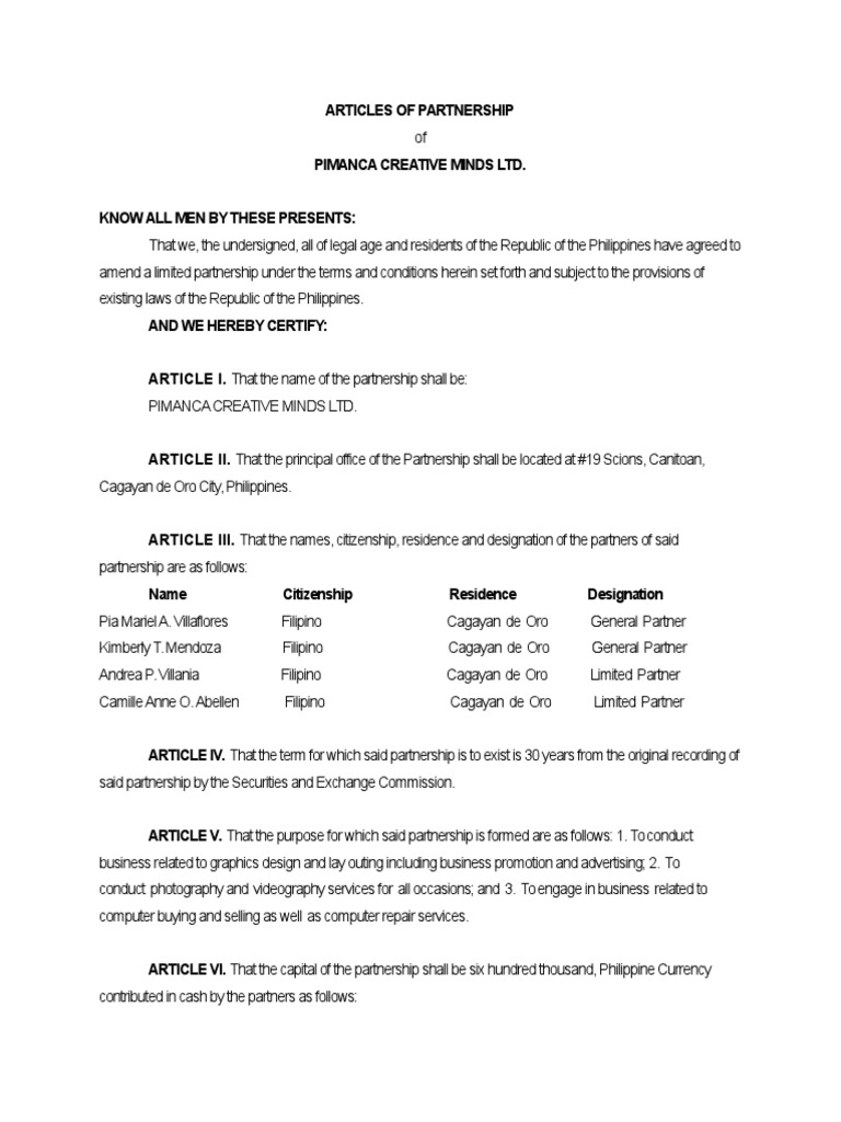 Articles of Partnership Example | Partnership | Limited Partnership