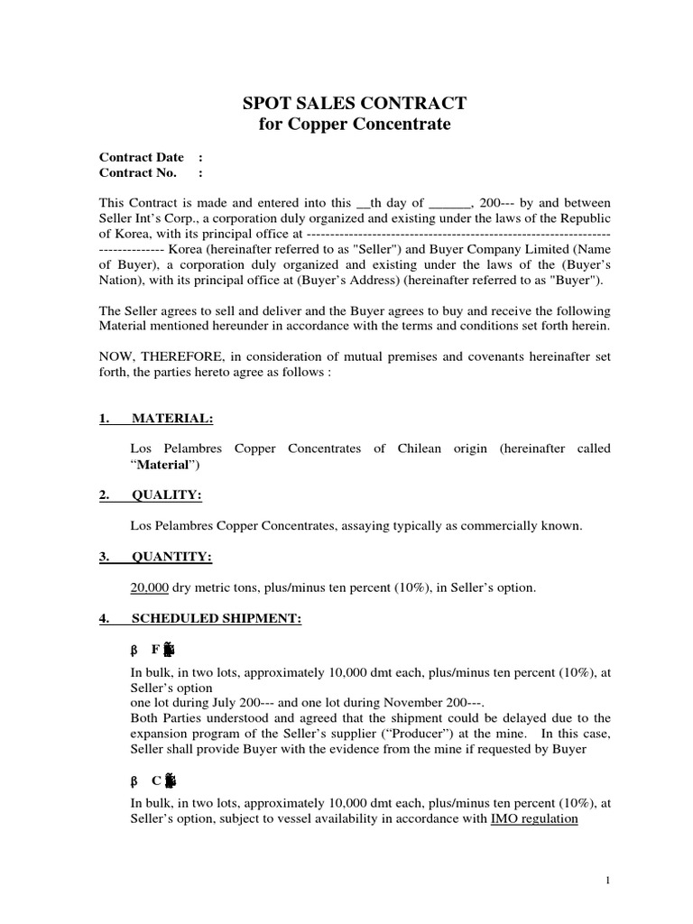 Copper Concentrate Sales Contract | PDF | Bill Of Lading | Invoice