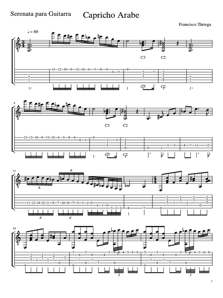 Francisco Tàrrega, Capricho Arabe, Tabs For Guitar | PDF