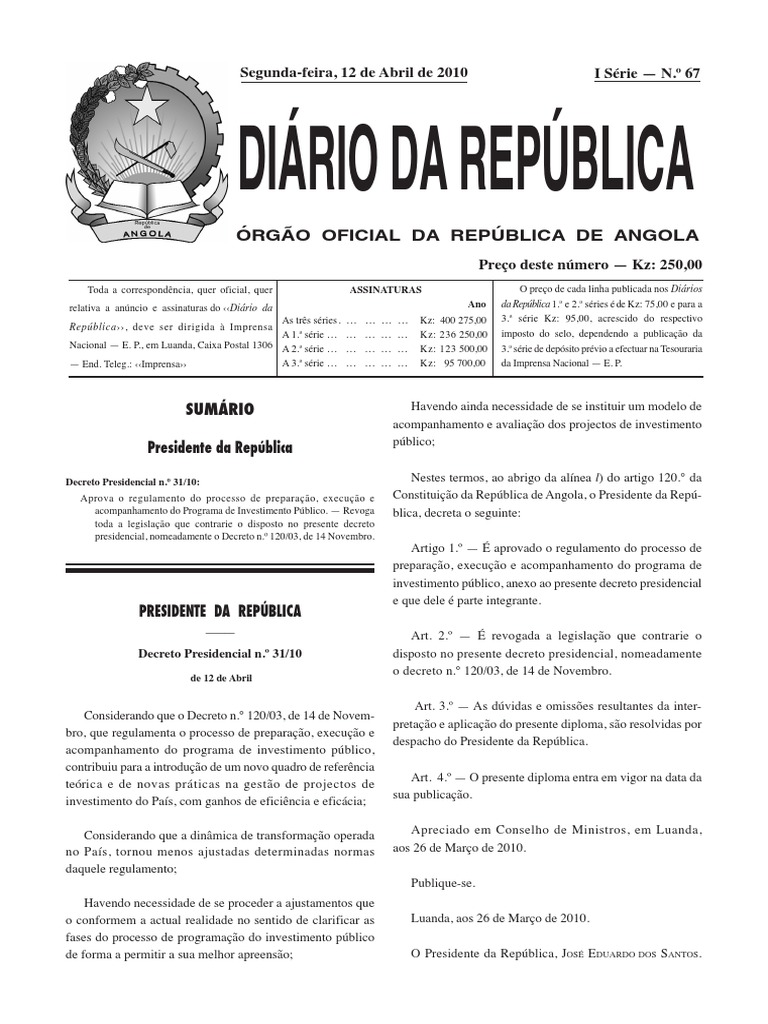 Decreto Presidencial 31 10 Orçamento Do Governo Investimentos