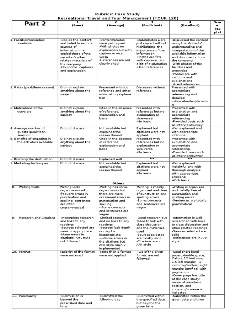 Rubrics: Case Study Recreational Travel and Tour Management (TOUR 120 ...