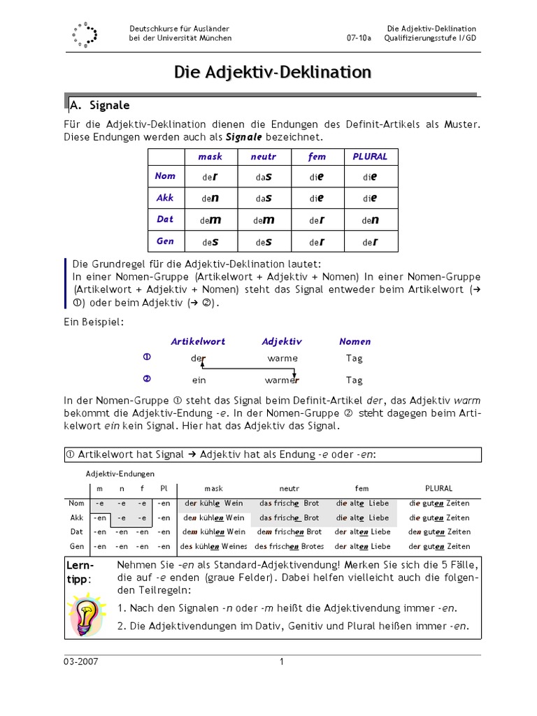Die Adjektiv Deklination | PDF