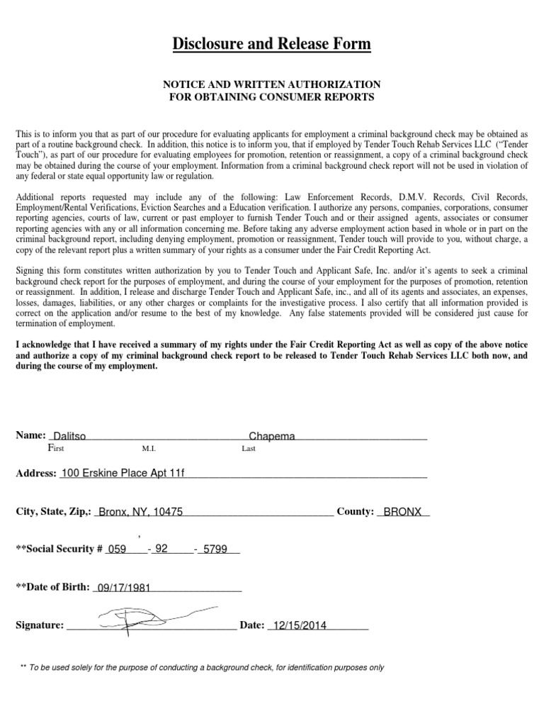 Disclosure and Release Form-signed | Background Check | Credit Score