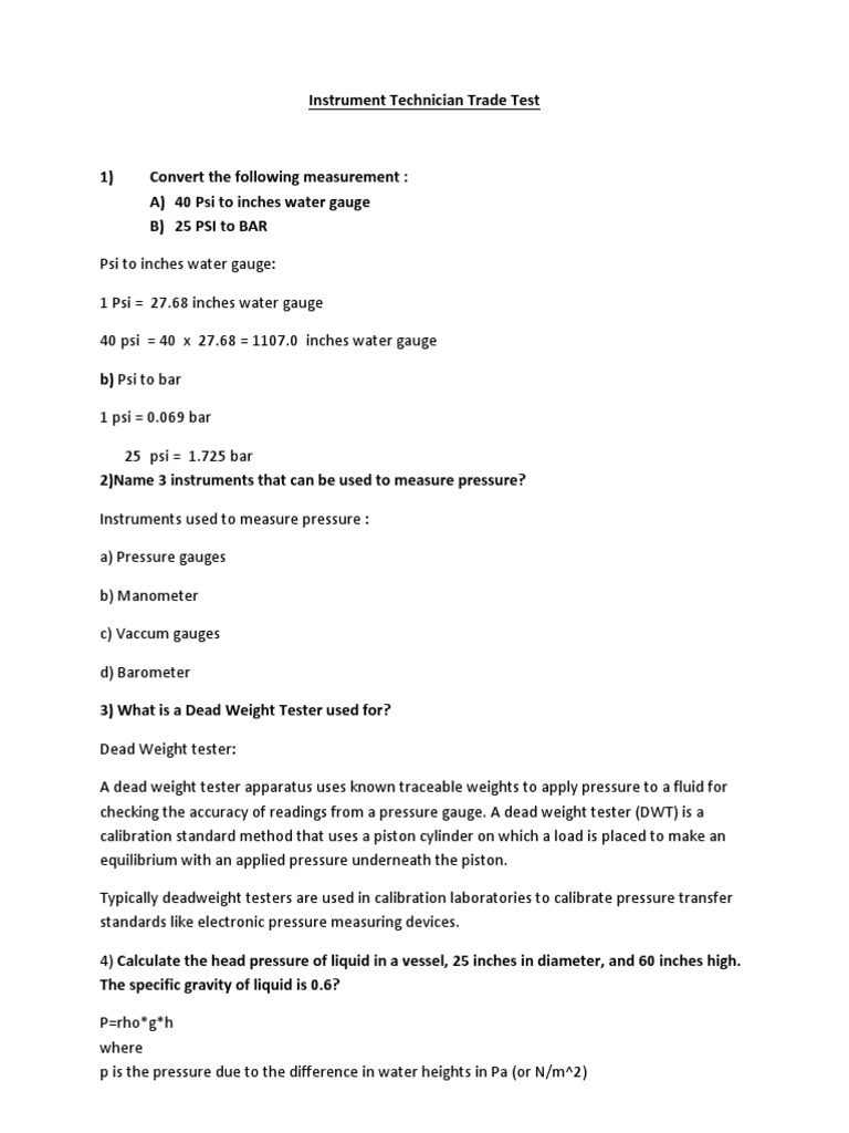 Instrument Technician Trade Test Guide | PDF | Pressure Measurement ...