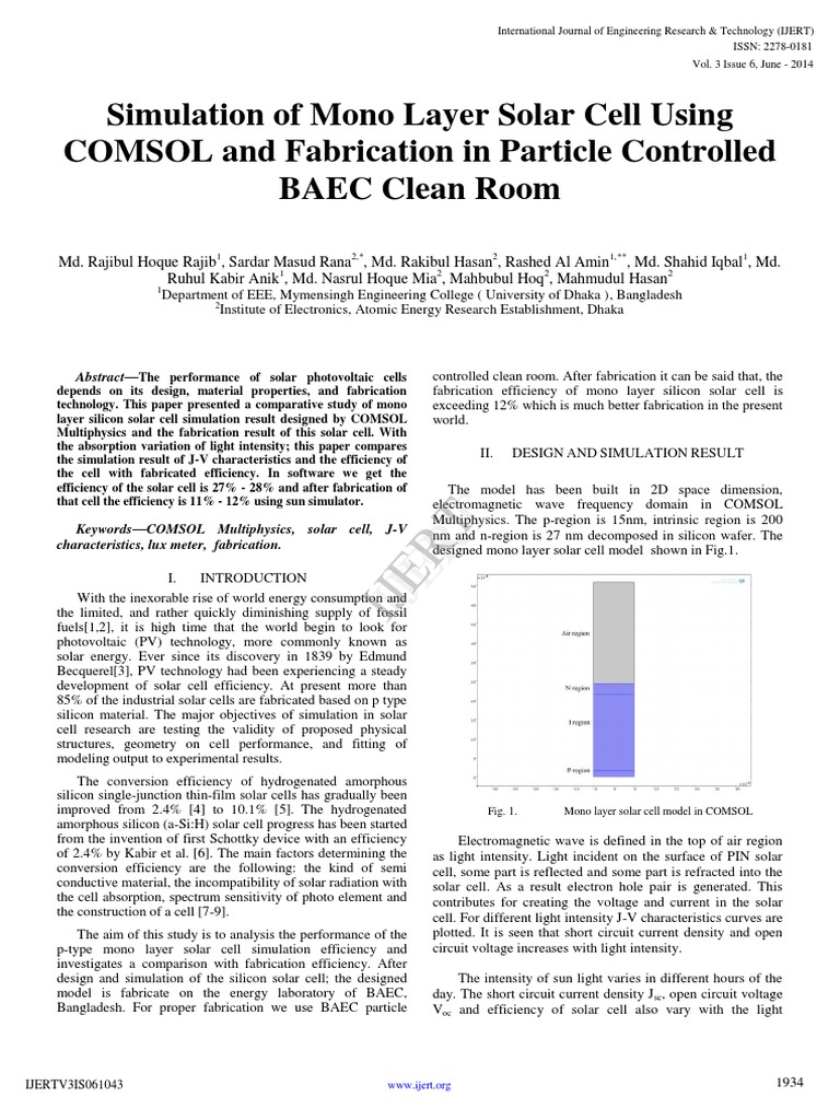 Simulation of Mono Layer Solar Cell Using COMSOL and Fabrication in ...