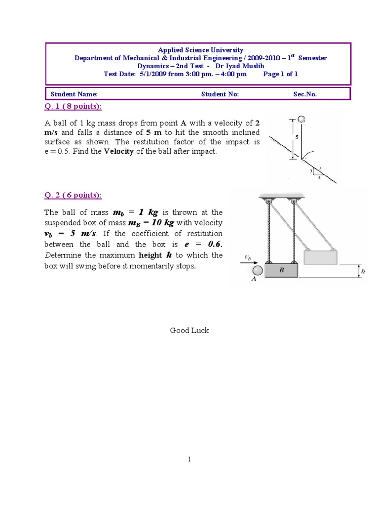 Analysis of Dynamics Test Questions from the Applied Science University ...