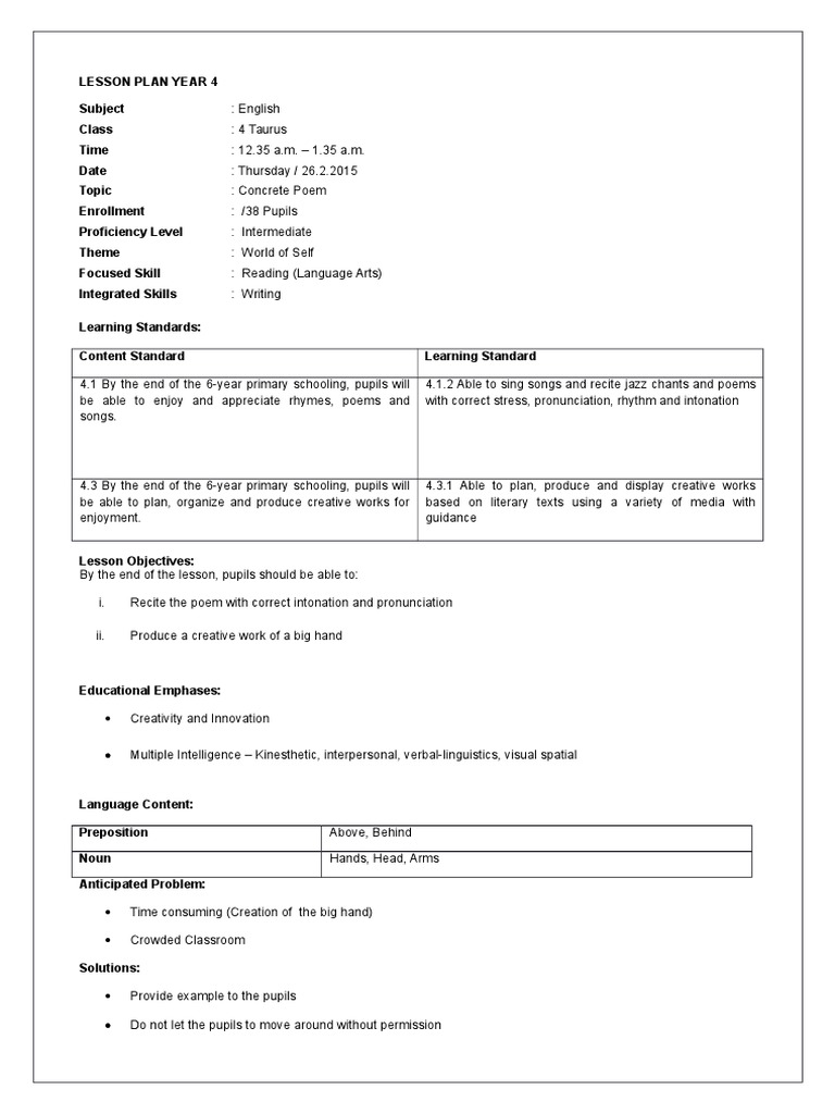 Lesson Plan Year 4 | PDF | Poetry | Lesson Plan
