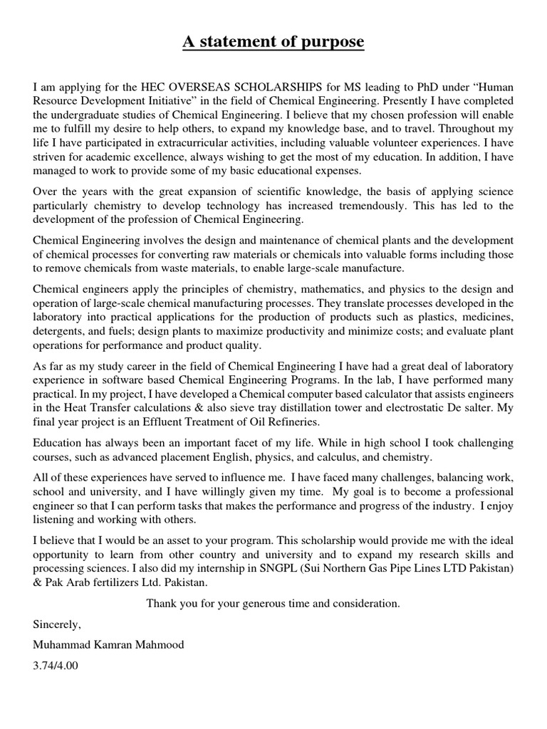 lA Statement of Purpose | Chemical Engineering | Engineer