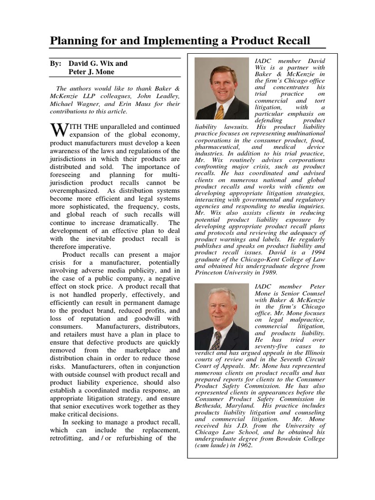 Planning for Product Recalls: Guidelines for Developing an Effective ...