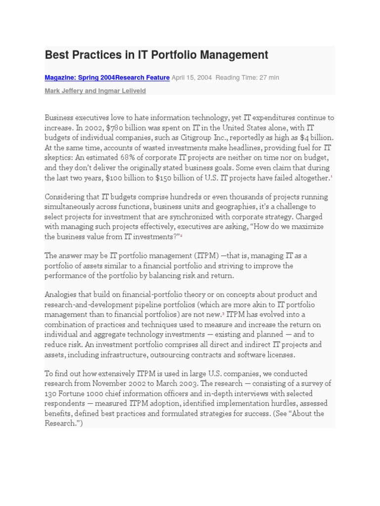 Best Practices in IT Portfolio Management | PDF | Chief Information ...