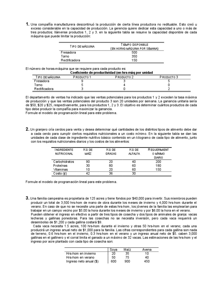 Ejercicios para Formular Modelos de PL | PDF | Programación lineal | Alimentos