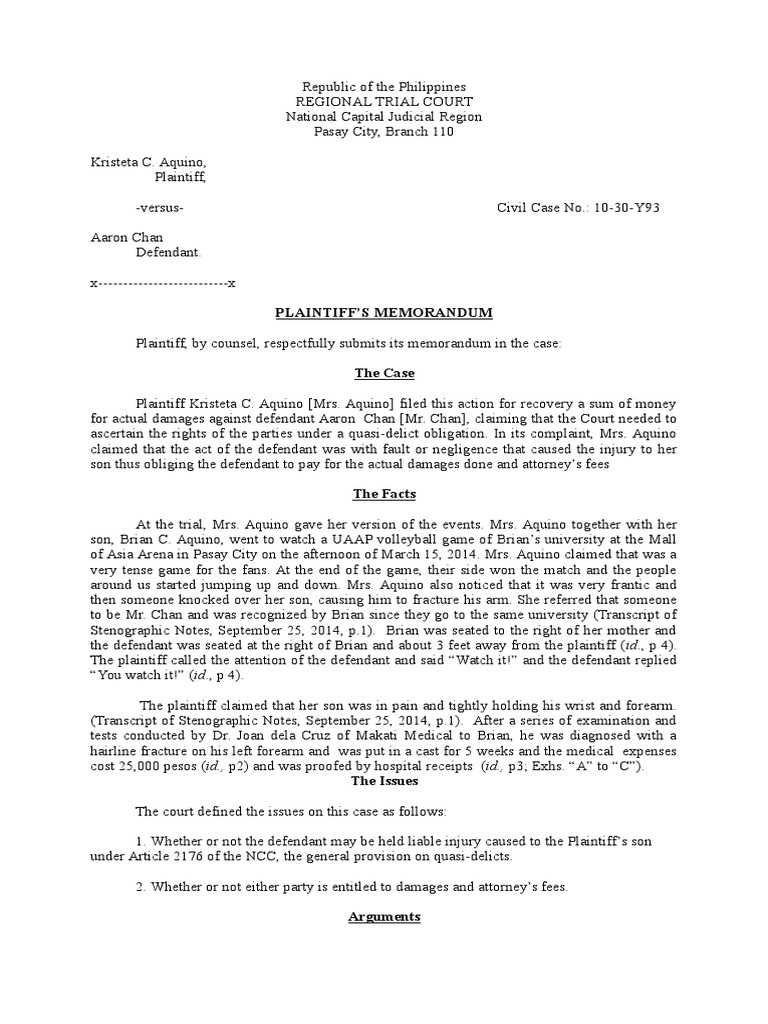 Legal Memorandum Sampla | PDF | Damages | Negligence