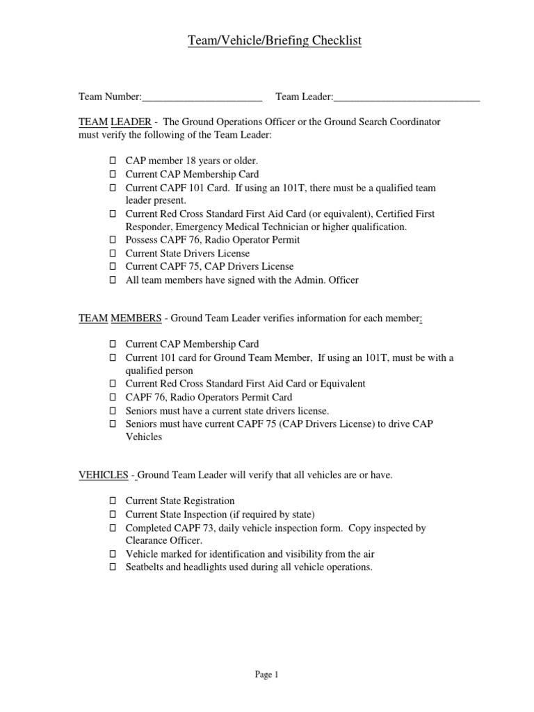 Ground Team Vehicle Checklist | Civil Air Patrol | Driver's License
