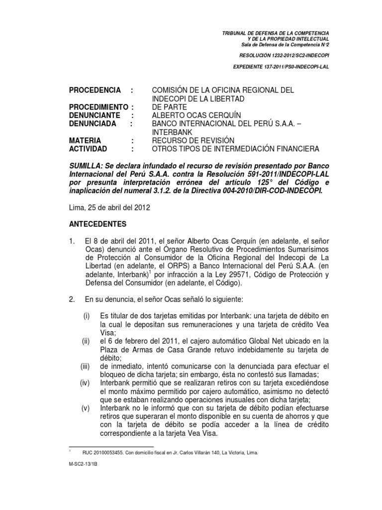 Resolución 1232-2012/SC2-INDECOPI | PDF | Tarjeta de débito ...