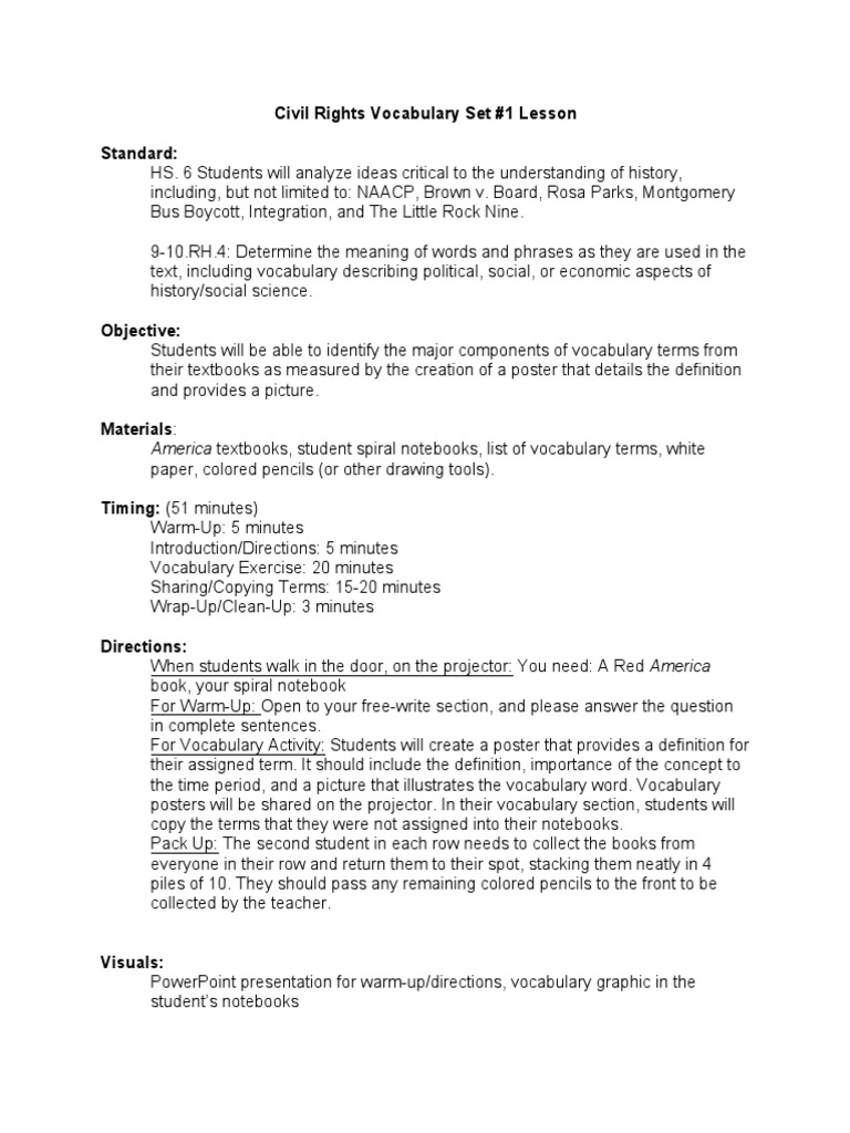 Civil Rights Vocabulary Lesson Plan | PDF | African American Civil ...