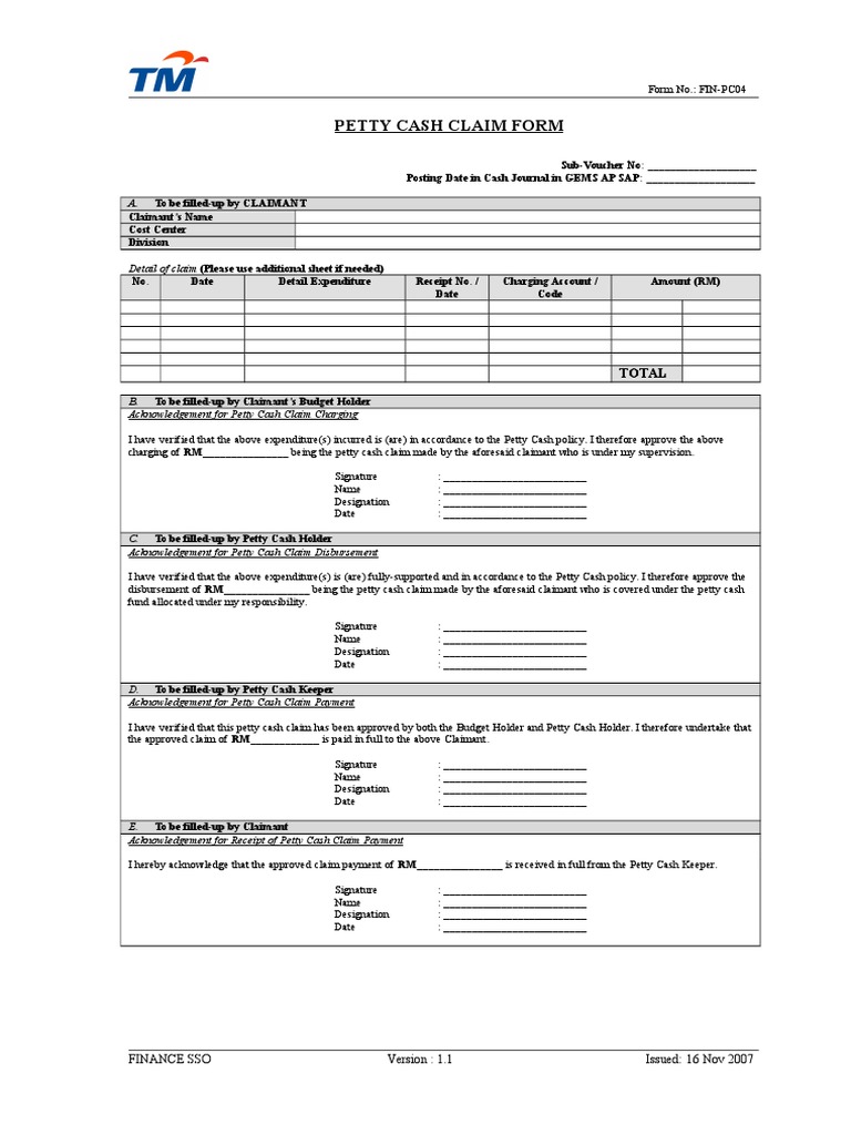 Petty Cash Claim Form Template | PDF | Finance & Money Management