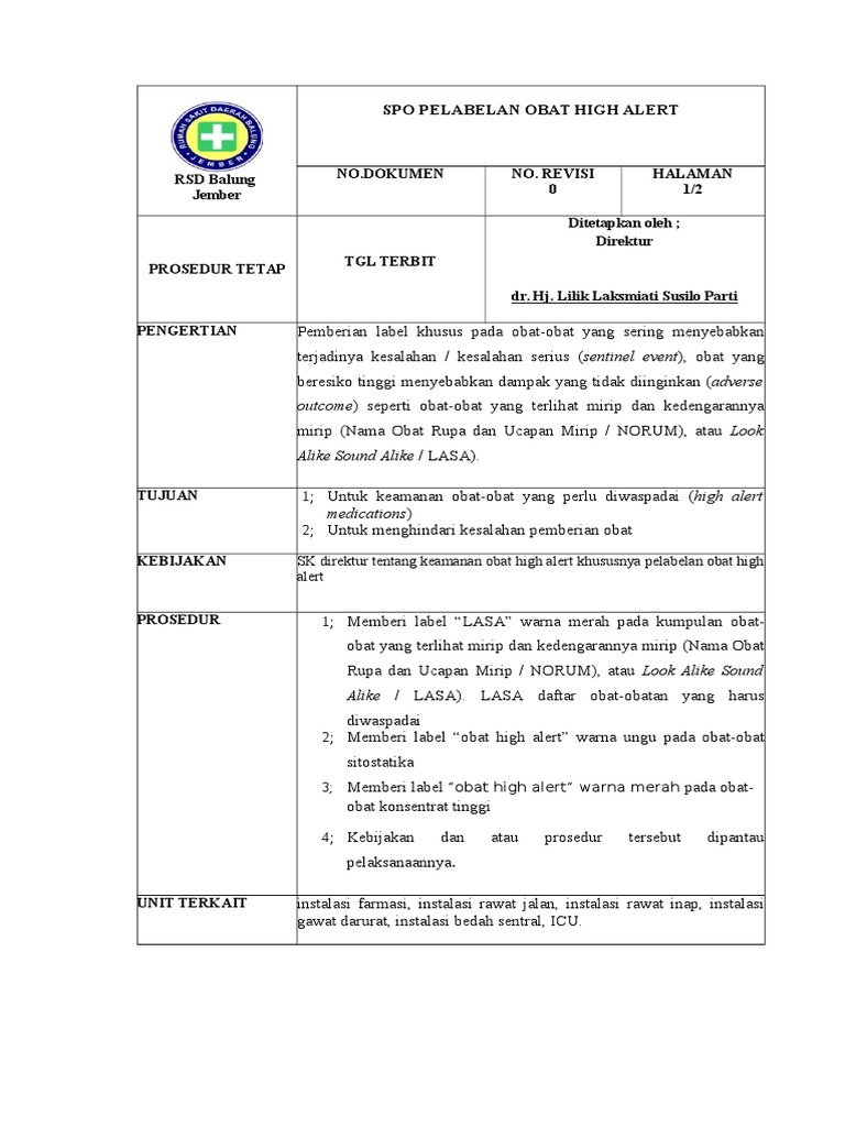 SOP Pelabelan Obat High Alert | PDF