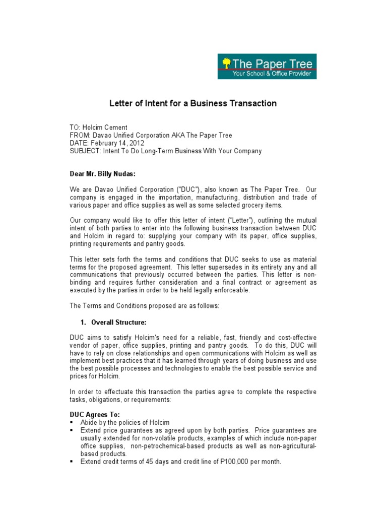 Letter of Intent for a Business Transaction | Contractual Term | Business