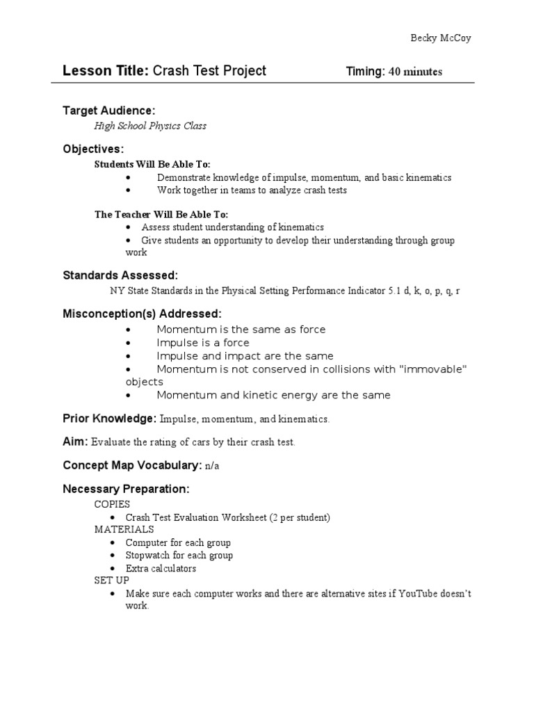 Momentum: Crash Test Evaluation | PDF | Momentum | Lesson Plan