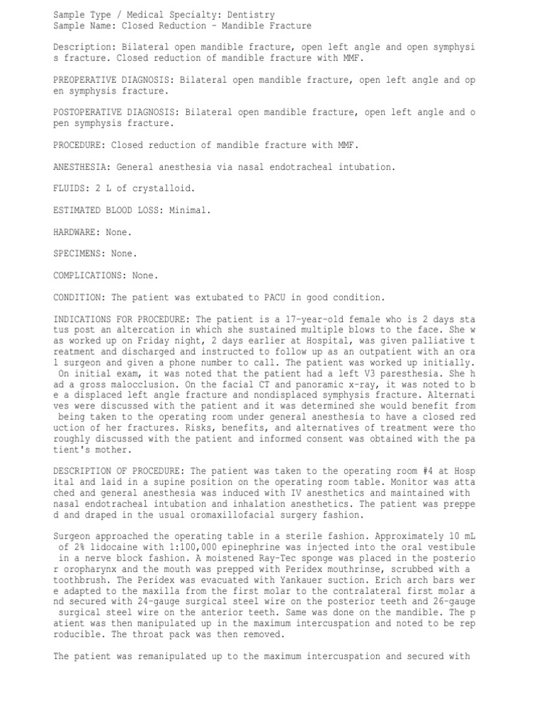 Closed Reduction - Mandible Fracture | PDF | Surgery | Anesthesia