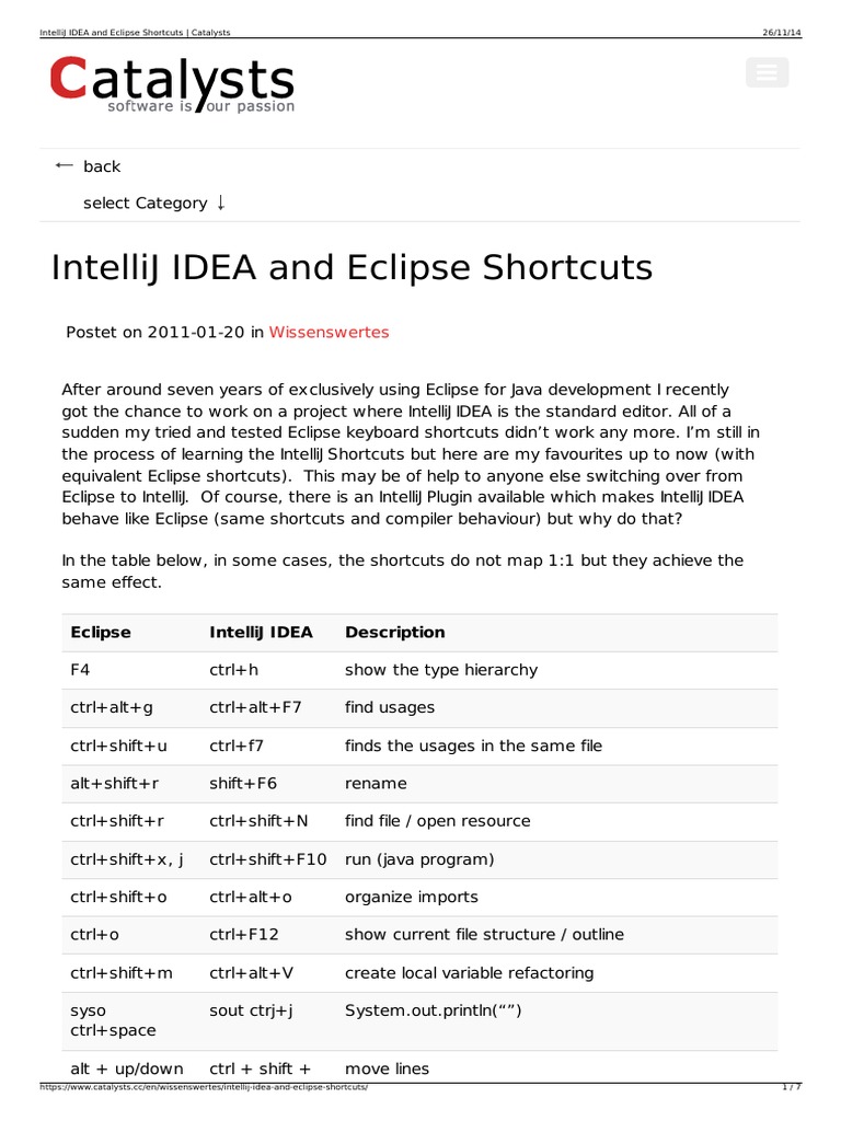 IntelliJ IDEA and Eclipse Shortcuts - Catalysts | PDF | Eclipse (Software) | Keyboard Shortcut