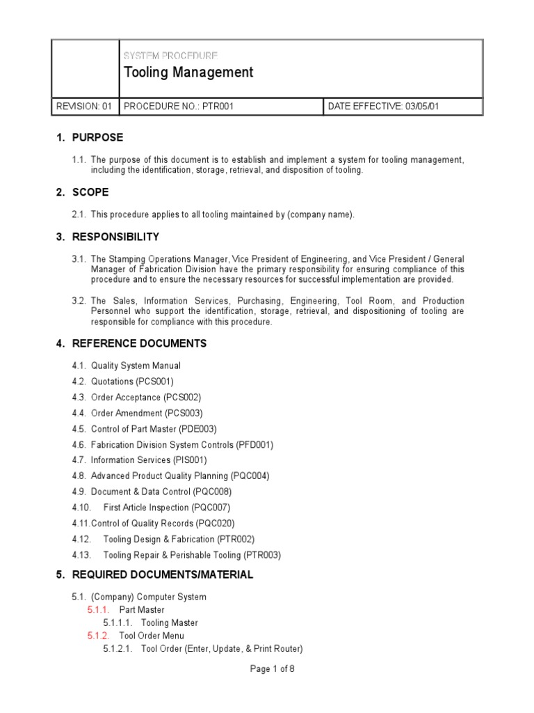 Tooling Management Procedure Example (1) | Metal Fabrication ...