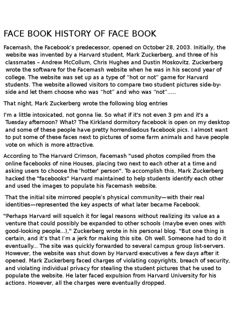 Face Book History of Face Book | PDF | Mark Zuckerberg | Facebook