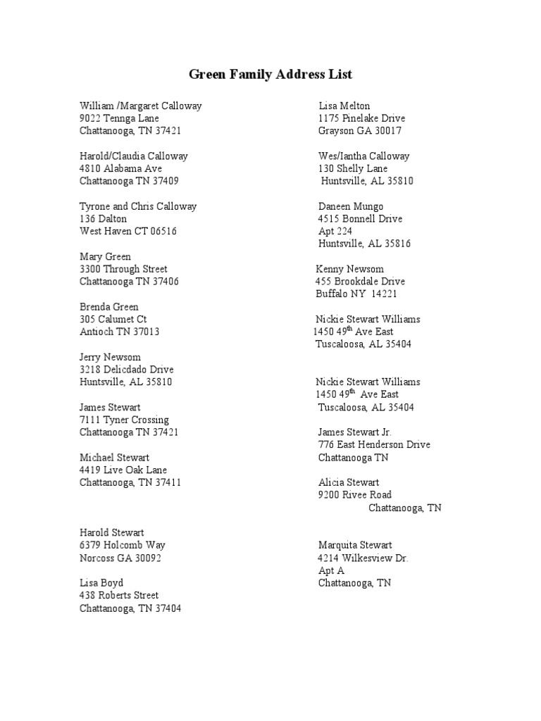 Green Family Address Directory | PDF