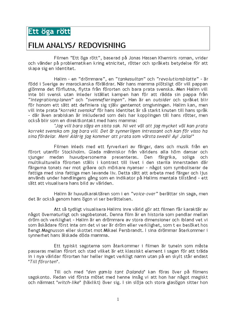 Ett Öga Rött - Film Redovisning / Analys | PDF