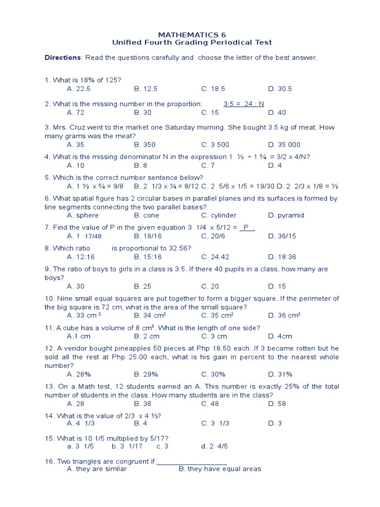 4th Periodical Test in Math 6 | Triangle | Elementary Geometry