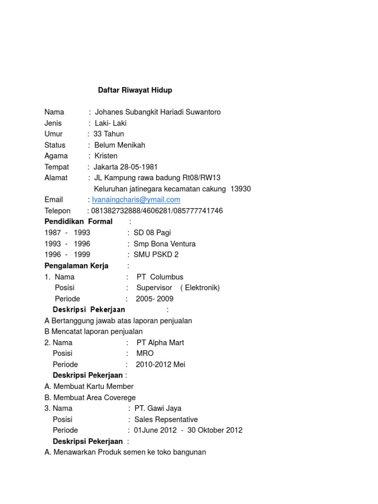 Daftar Riwayat Hidup Yohanes Subangkit SMU | PDF