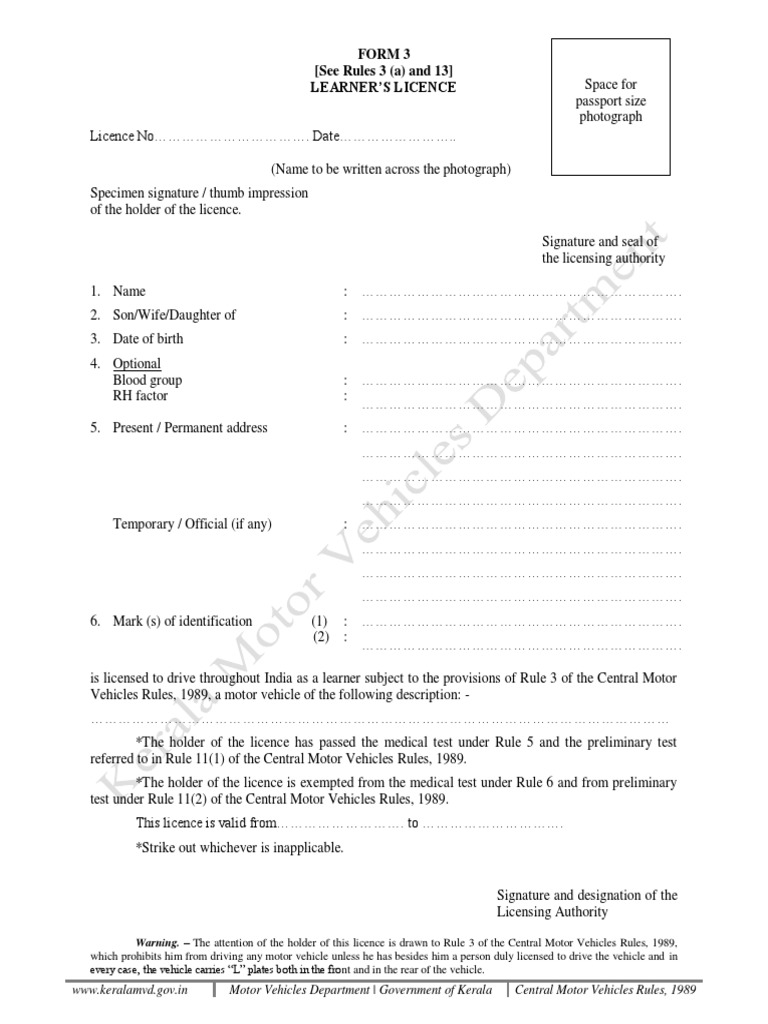 Form 3 (See Rules 3 (A) and 13) Learner'S Licence | PDF