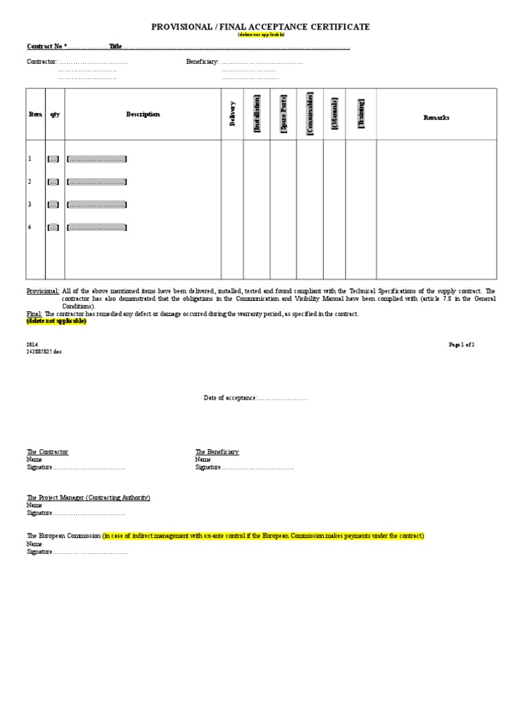 Provisional and Final Acceptance Certificate | PDF